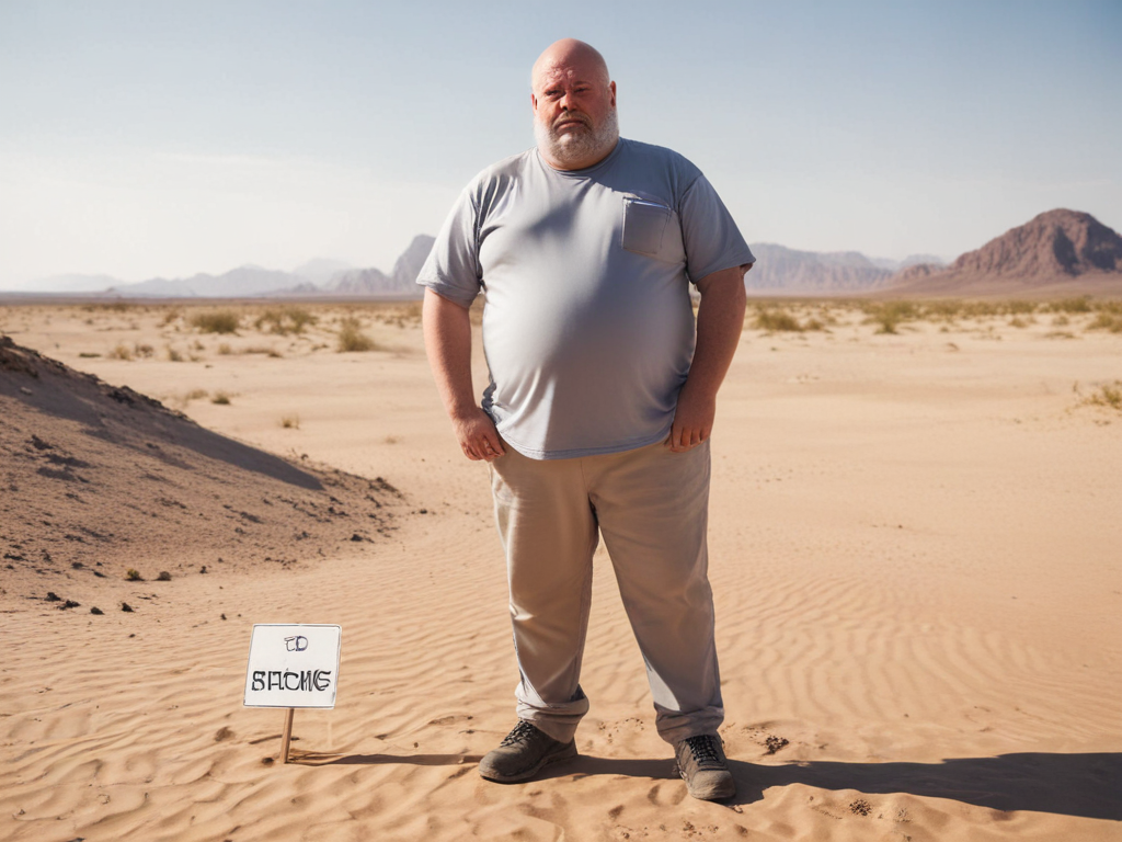 sad fat man in the middle of the biggest desert with a blank nametag