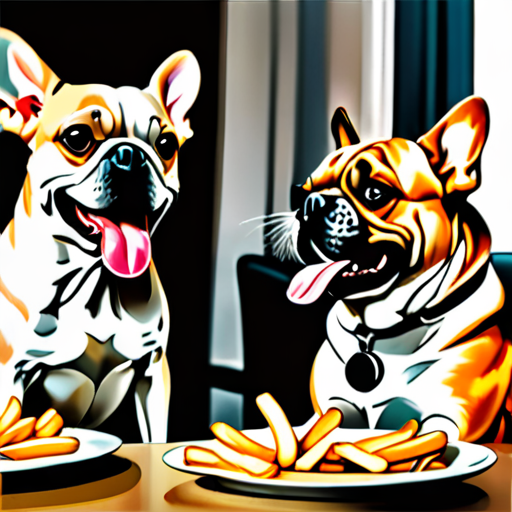 dog eating french fries and talking on telephone