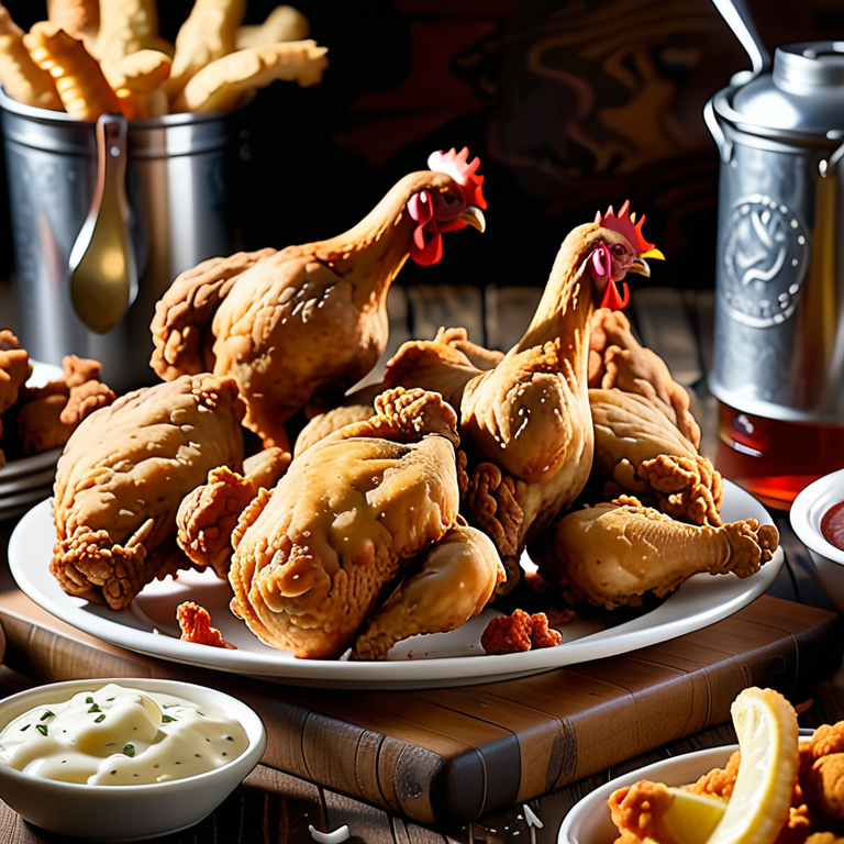 Deliciously Fried Chicken in a Rustic Setting with Tasty Sides