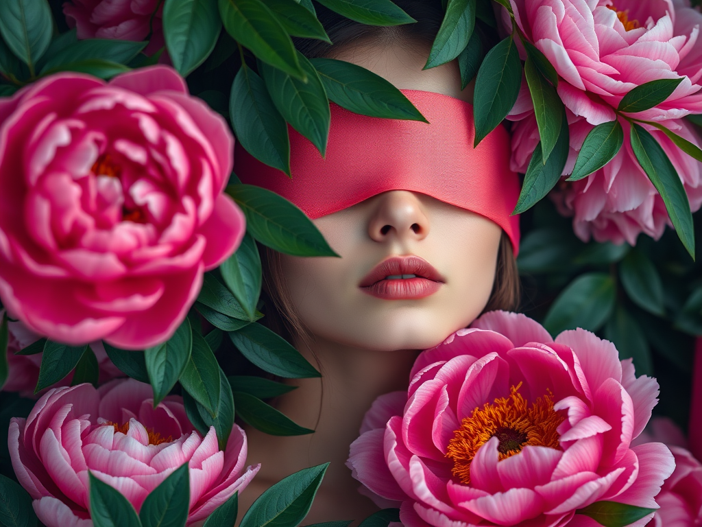 Portrait of a blindfolded woman surrounded by vibrant peonies and lush green leaves in a soft ...