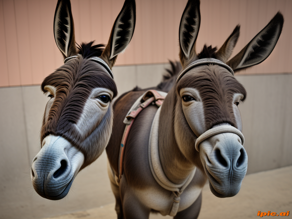 Two Friendly Donkeys Posing Together in a Bright Stable Environment