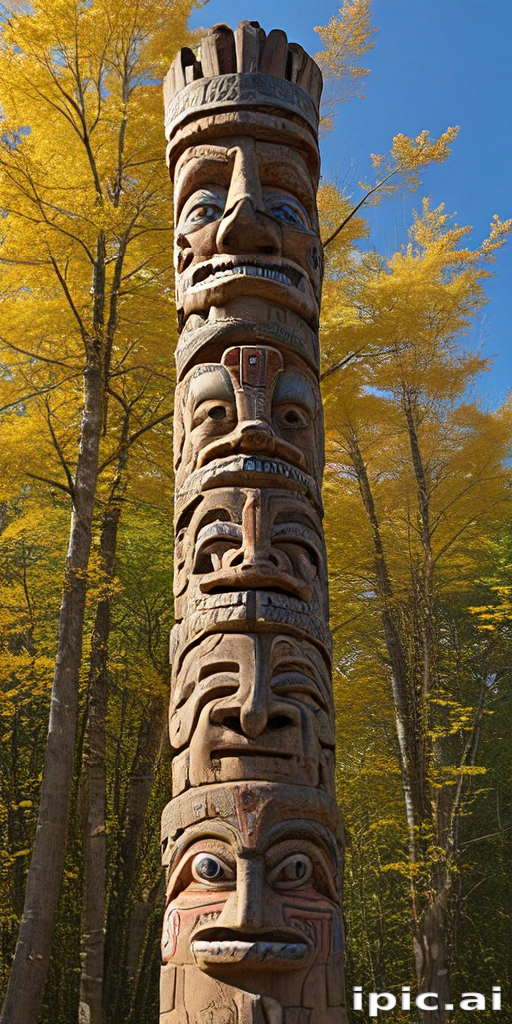 Majestic Totem Pole Surrounded by Vibrant Autumn-Foliage Trees in Nature