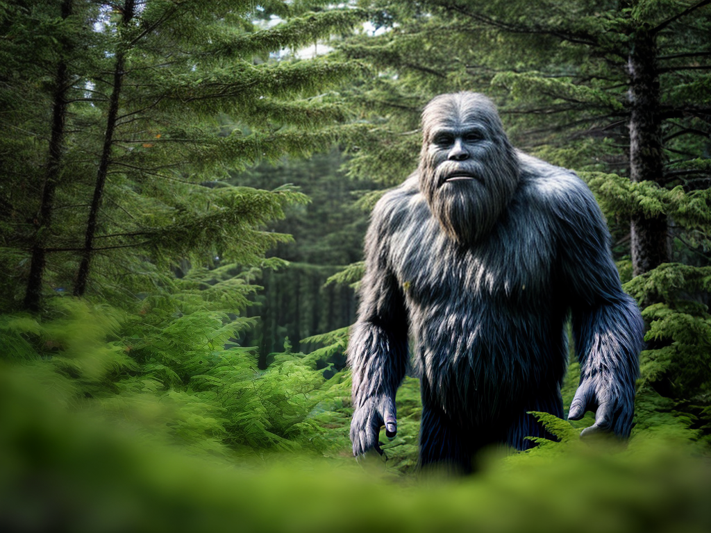 creepy bigfoot peeking out from behind a tree at the edge of a forest ...