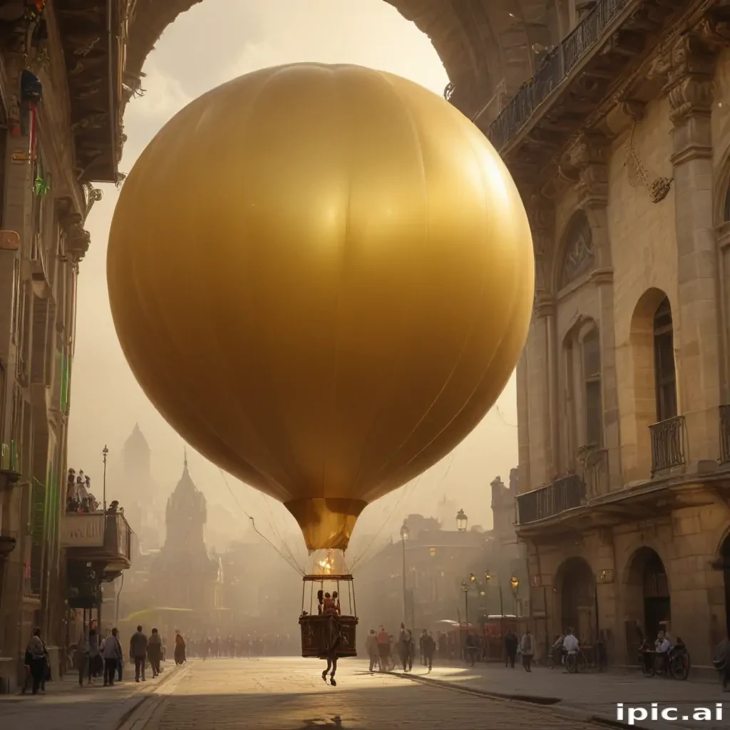 A Majestic Golden Hot Air Balloon Soaring Above Historic City Streets