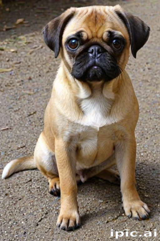 A Cute Pug Sitting Calmly on a Pathway Surrounded by Nature.