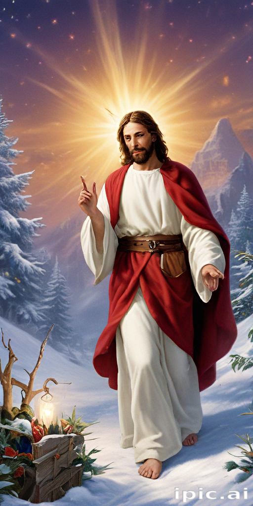 Jesus Walking Through a Winter Landscape Surrounded by Glowing Light