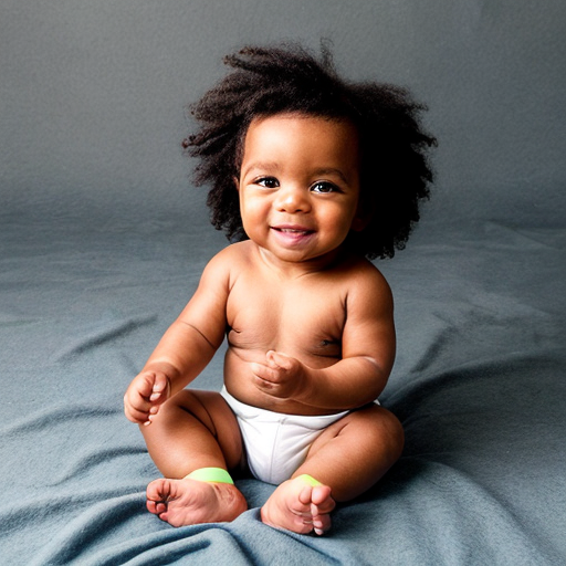Black infant sitting up curly hair white background
