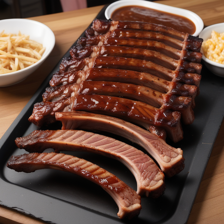Deliciously Glazed Barbecue Ribs Served with Sides of Fries and Macaroni.
