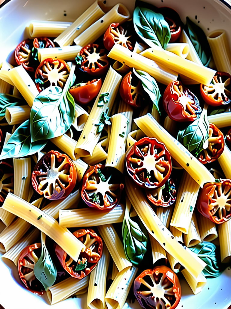A Colorful Dish of Pasta with Fresh Basil and Cherry Tomatoes.