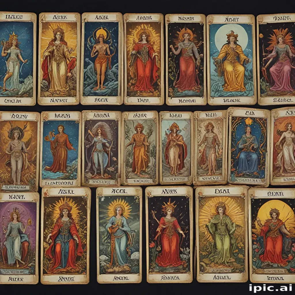 Collection of Illustrated Tarot Cards Featuring Diverse Mythical ...