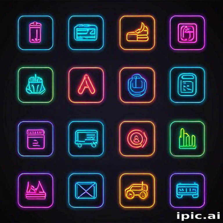 Colorful Neon Icons Representing Various Everyday Objects and Activities