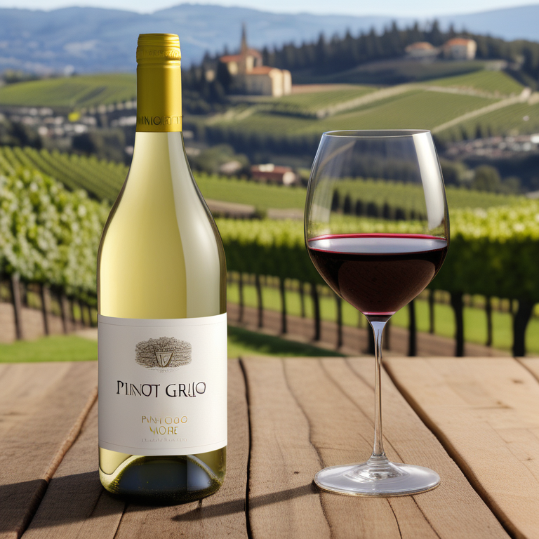 Elegant Pinot Grigio Wine Bottle Next to Glass in Scenic Vineyard Setting