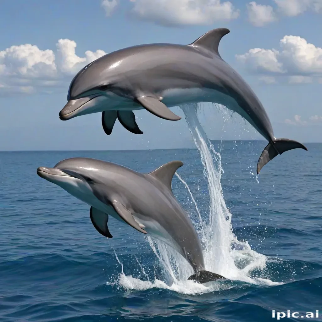 Two Dolphins Joyfully Leaping Through the Sparkling Blue Ocean Waves