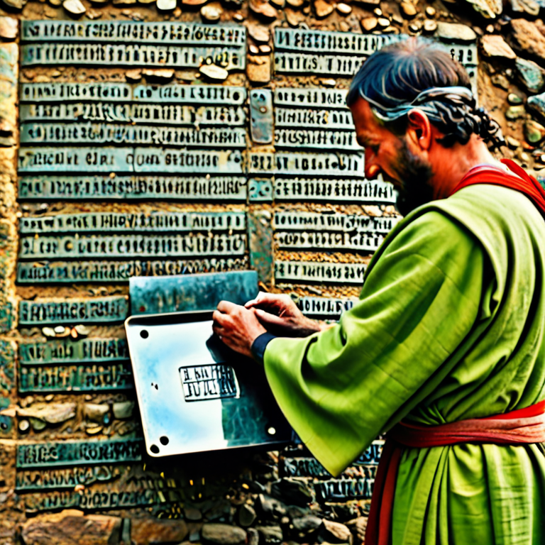 ancient man in robe finds ancient metal plates with writing