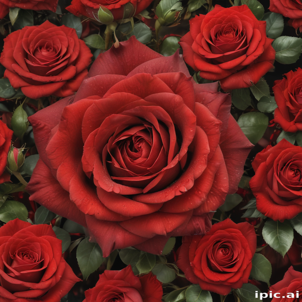 Vibrant Red Roses Surrounded by Lush Green Leaves in Blooming Garden
