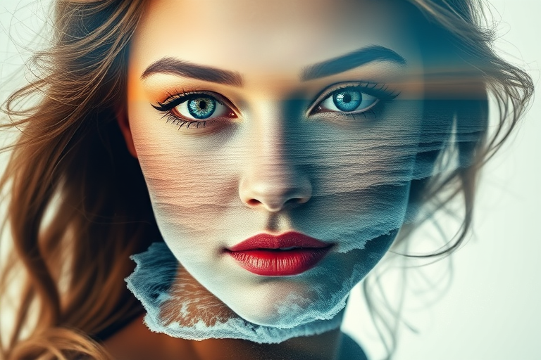 Captivating Portrait of a Woman with Ocean Waves Reflected in Her Face