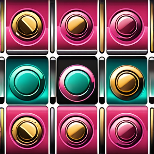Pink slot machine with coins around it, white background