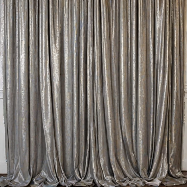 Elegant Silver Drapes Cascading Gracefully in a Luxurious Indoor Setting.