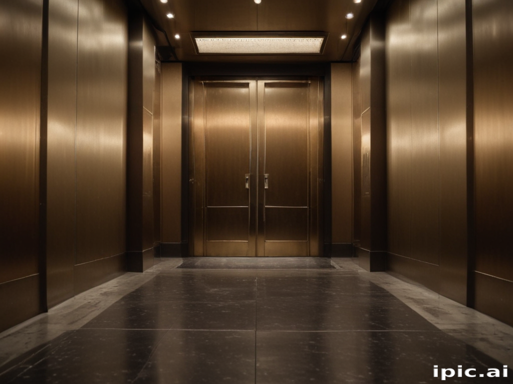 Elegant Elevator Interior with Polished Bronze Doors and Dim Lighting