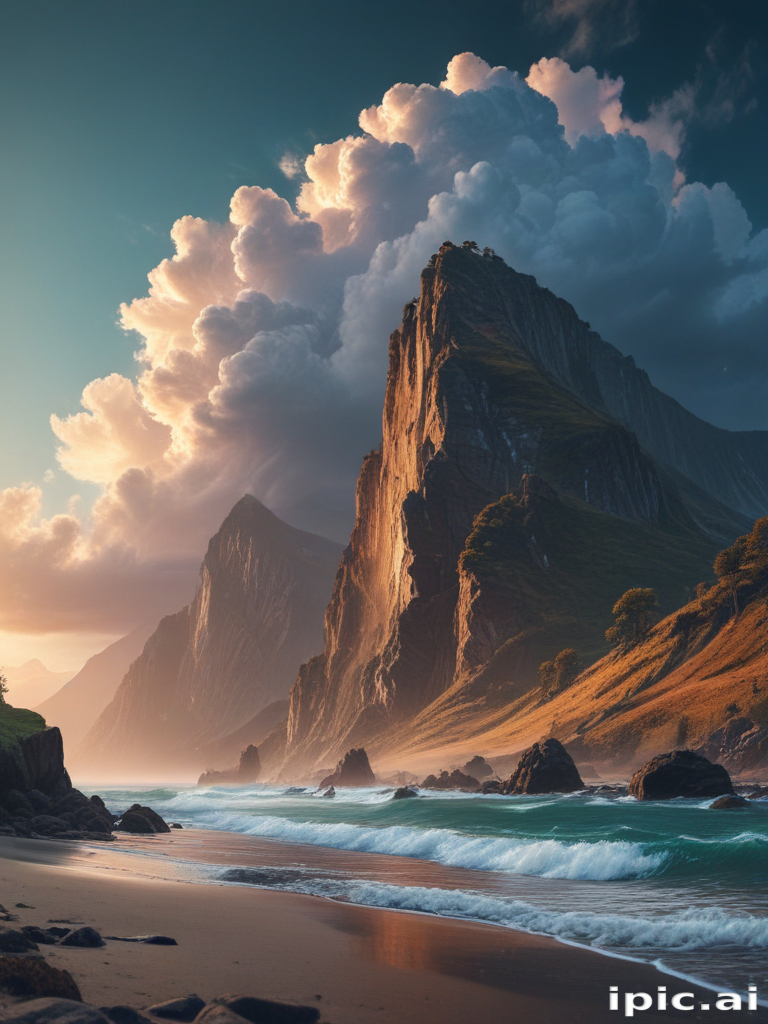 Majestic Coastal Landscape Featuring Towering Mountains and Dramatic Cloud Formation