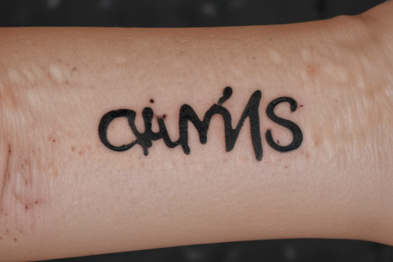 Cutsign on the arm saying "Amis" in blood