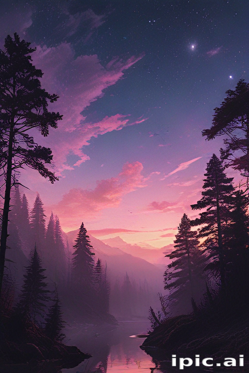 Serene Twilight Landscape with Majestic Trees and Starry Sky Reflections