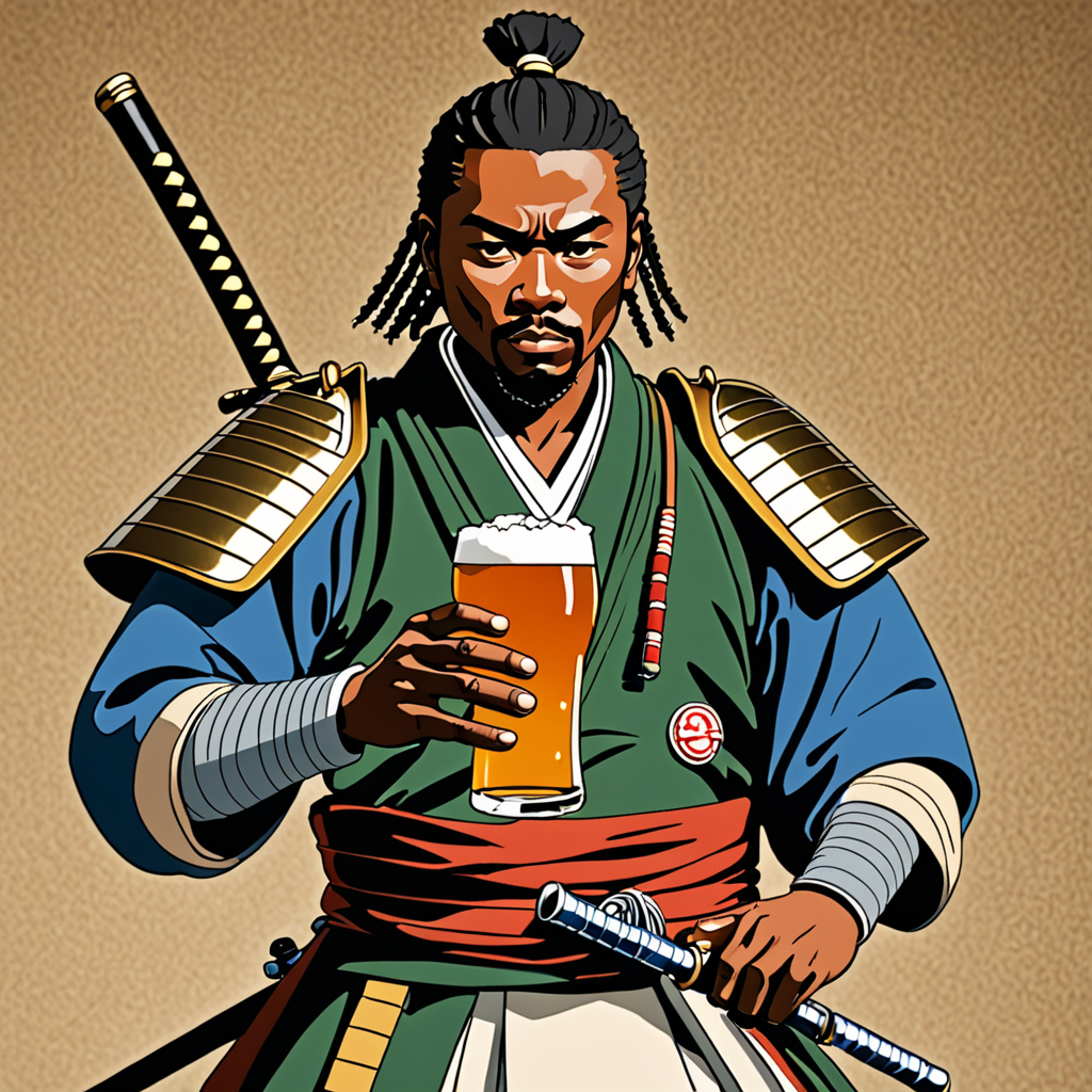african american samurai drinking tall beer studio ghibli style