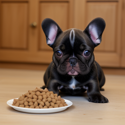 Adorable French Bulldog Curiously Staring at a Pile of Kibble