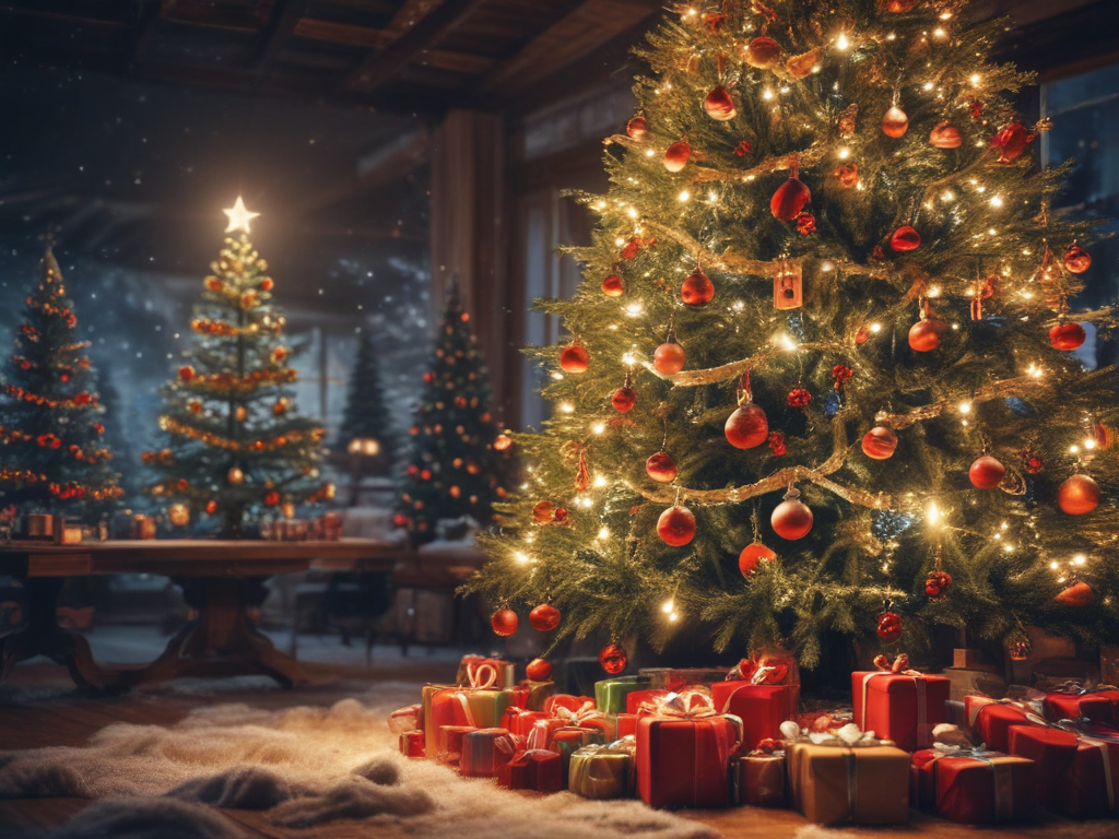 Enchanting Christmas Scene with Beautifully Decorated Trees and ...