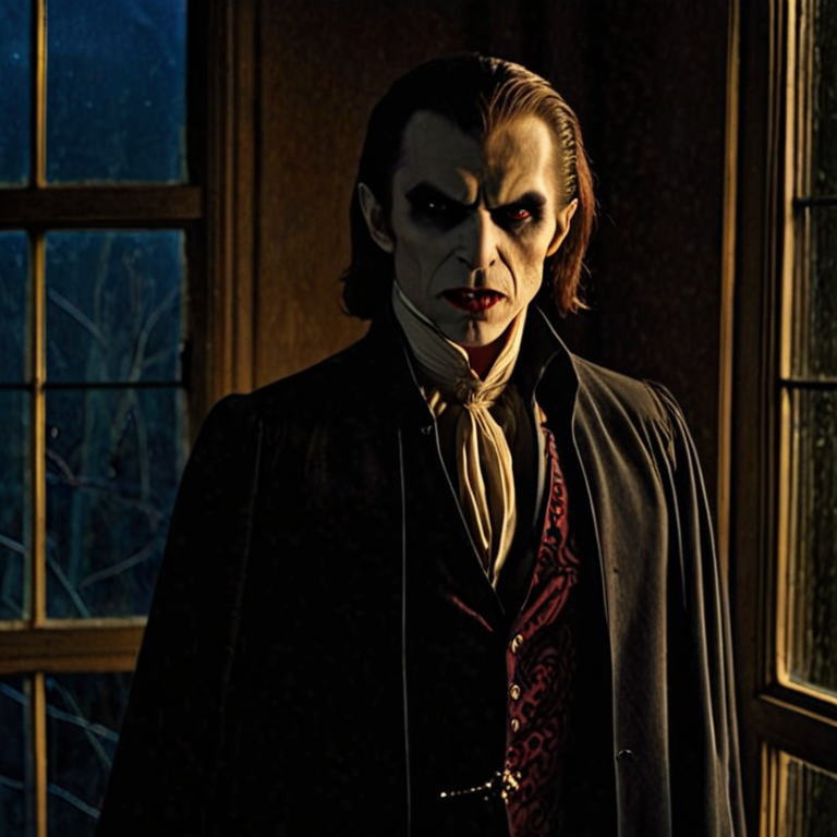 a vampire standing in front of a window night