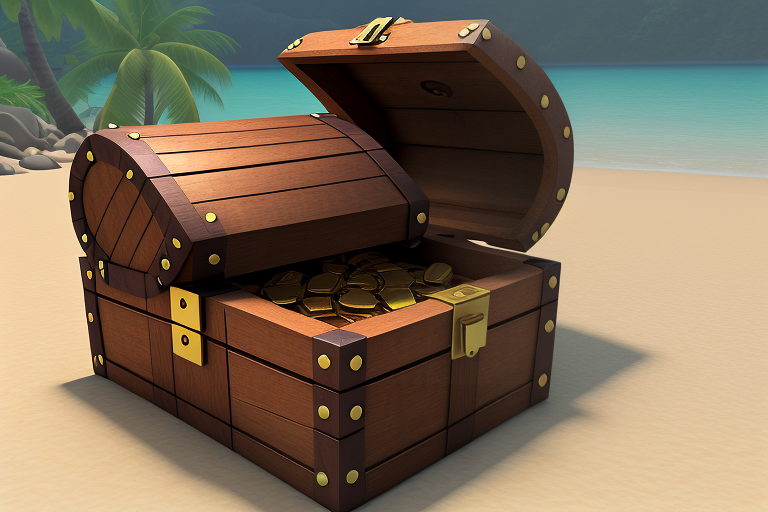 A Treasure Chest Filled with Gold Coins on a Sunny Beach