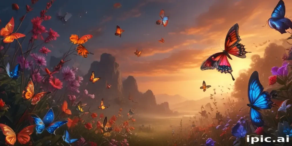 A Vibrant Sunset Scene Filled with Colorful Butterflies and Flowers.