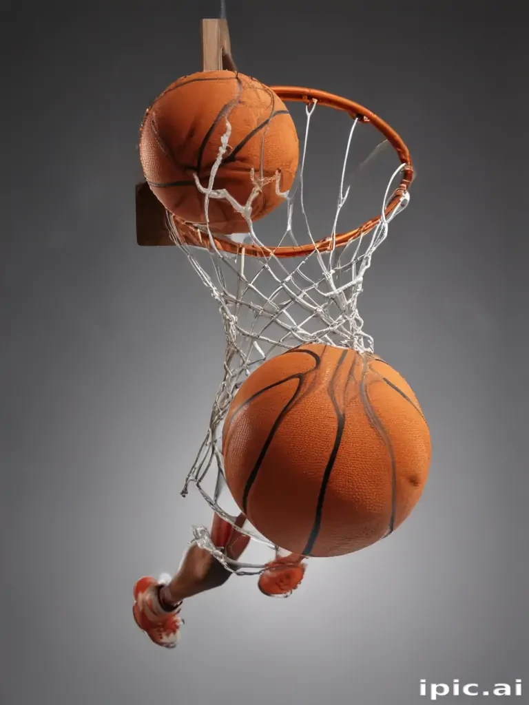 Dynamic Action of Two Basketballs Perfectly Swishing Through the Hoop