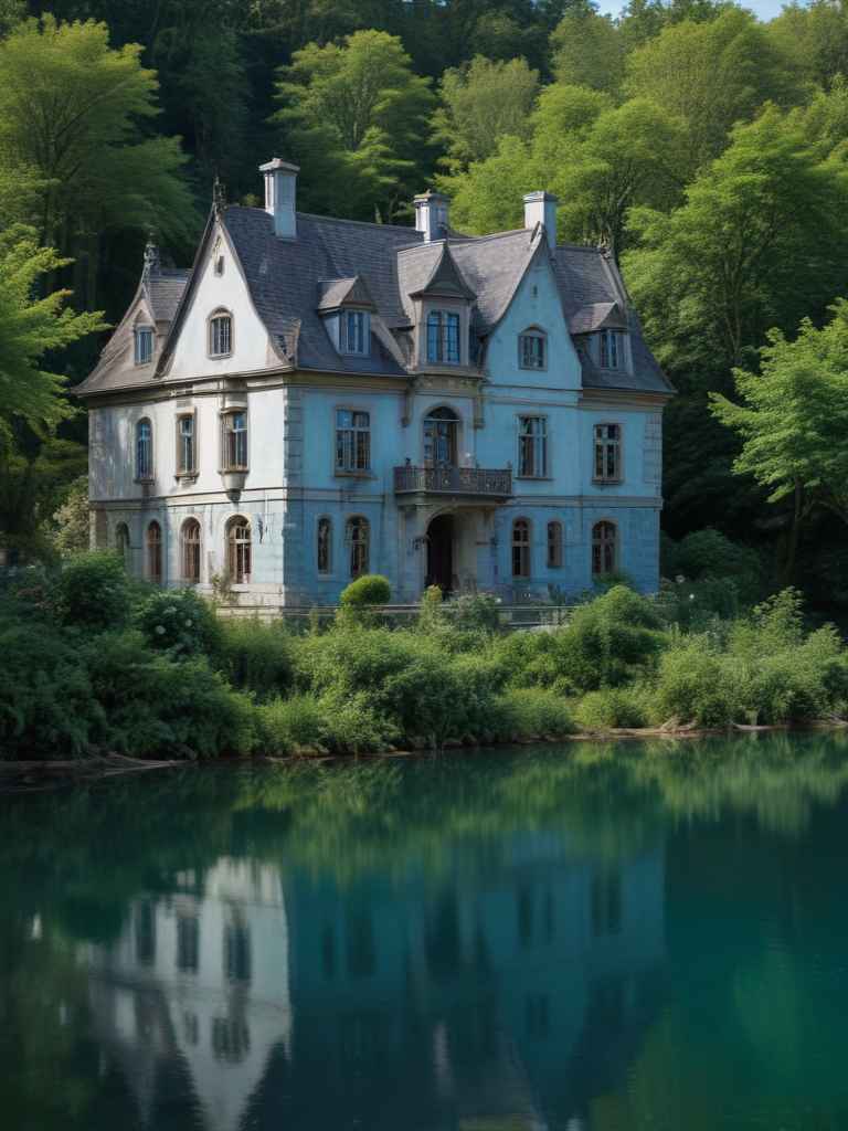 a large beautiful fairy tale manor ,mostly blue and black, surounded by ...
