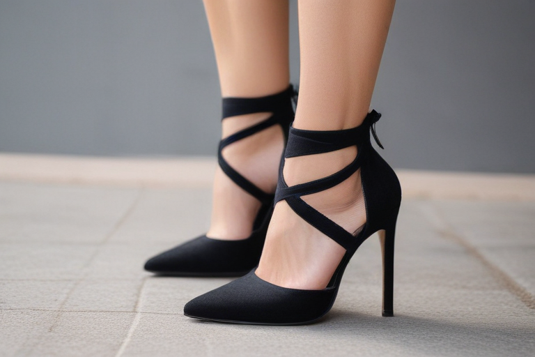 Superbes jambes croisées avec escarpins hauts talons aiguilles en cuir noir