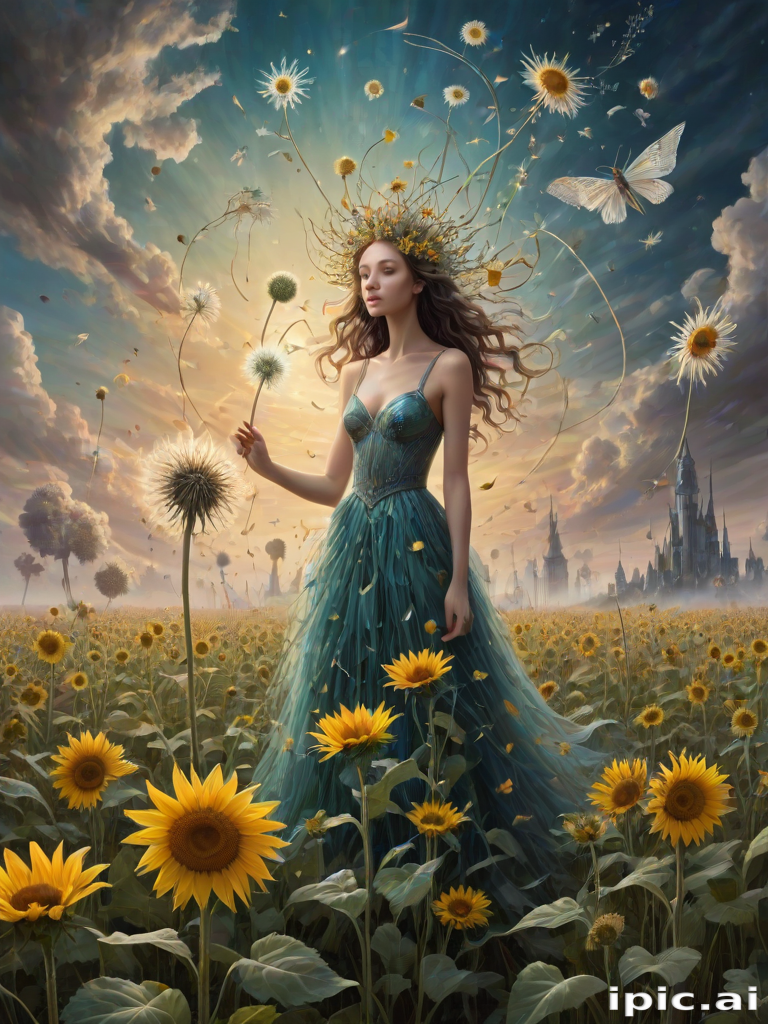 Enchanted Woman in a Sunflower Field with a Magical Atmosphere