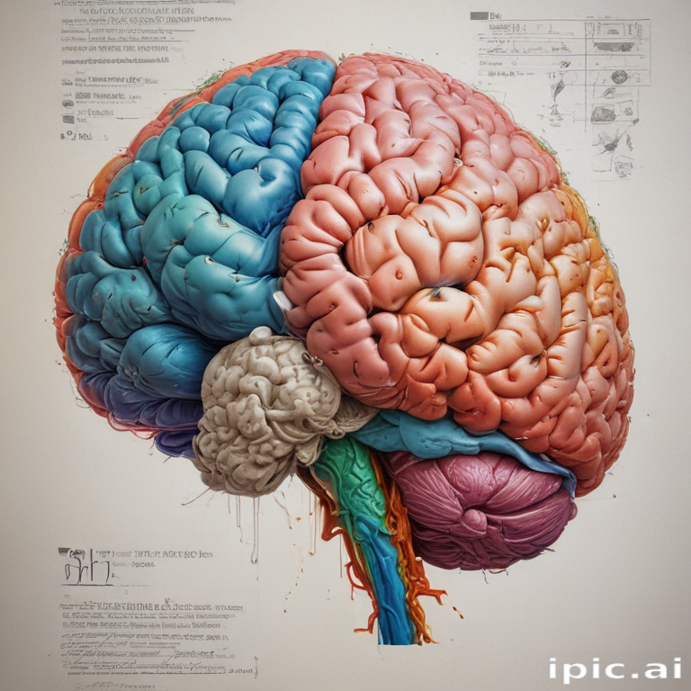 Colorful Artistic Representation of a Human Brain with Detailed Annotations