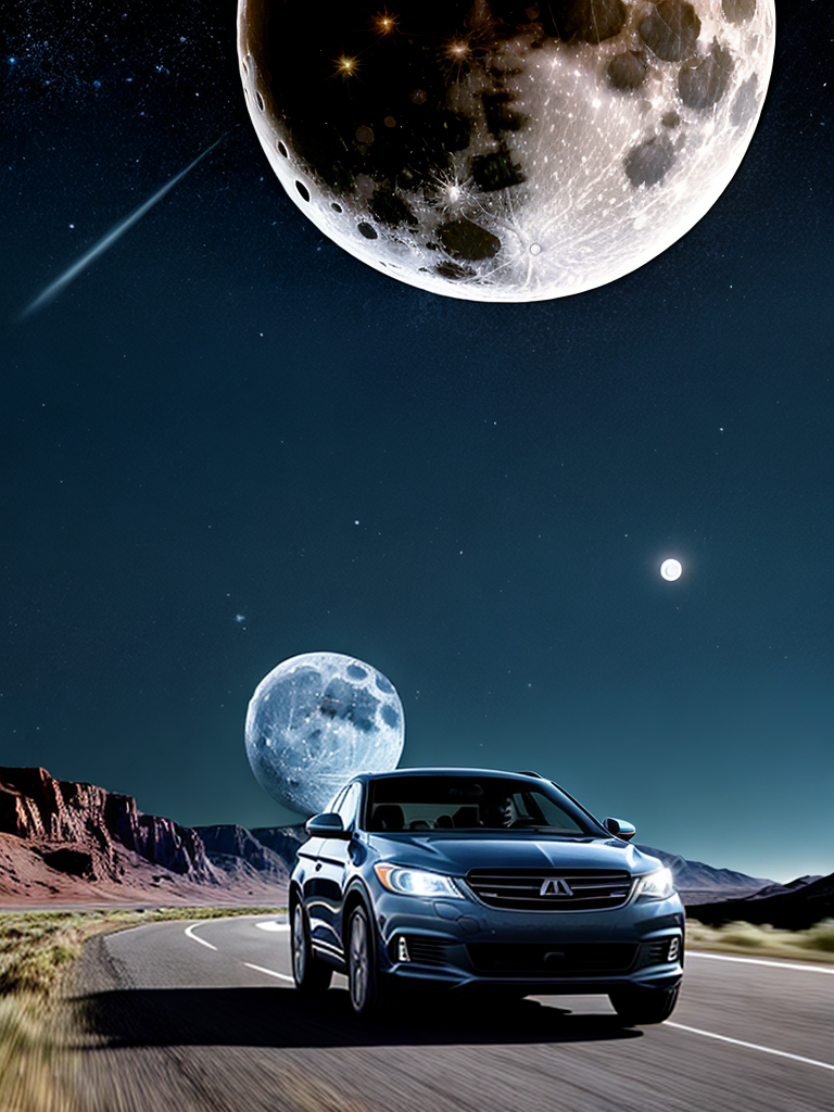 car zooms past the moon in space
