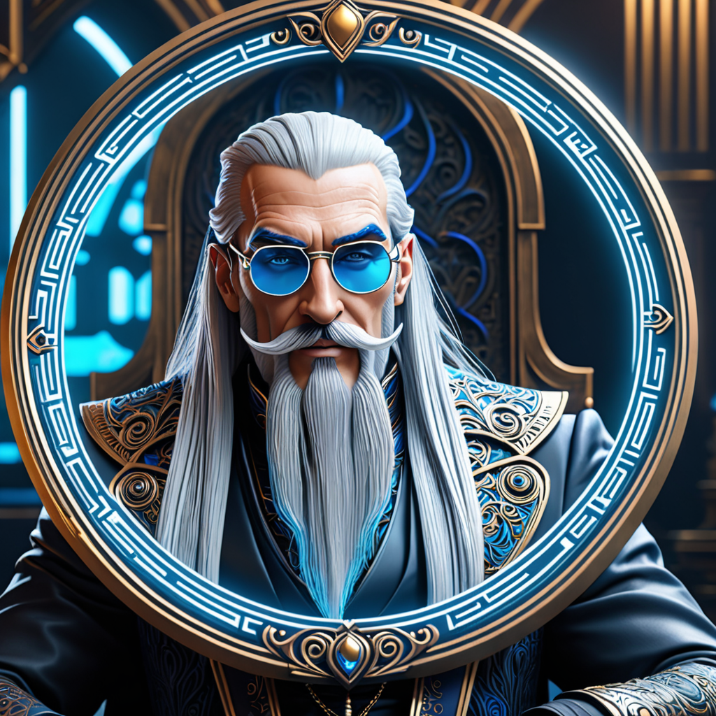 Create a unique 3D logo art of a villainous but royal looking cyberpunk ...