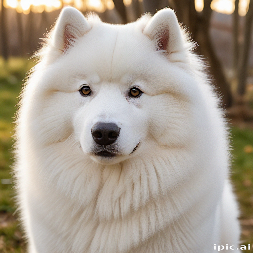 A Majestic White Samoyed Dog Enjoying a Beautiful Outdoor Setting.