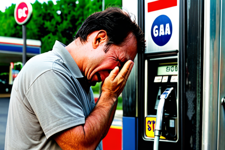A man crying at a gas pump