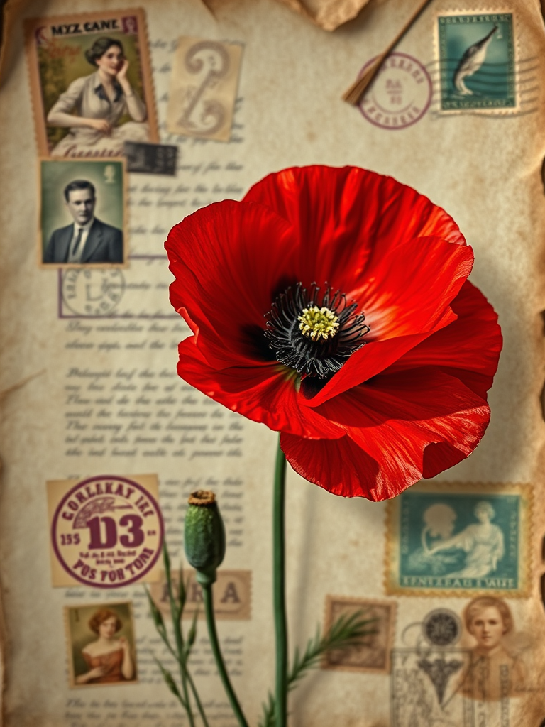 A Vibrant Red Poppy Against a Vintage Collage of Postcards and Letters