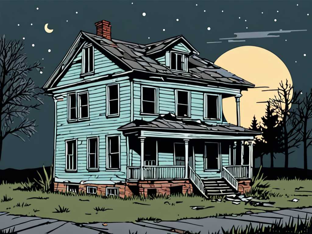 An old abandoned house falling apart at night. Cartoon style.