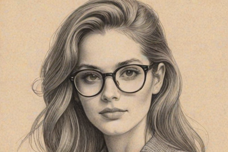 A Detailed Sketch of a Young Woman with Stylish Glasses and Flowing Hair.
