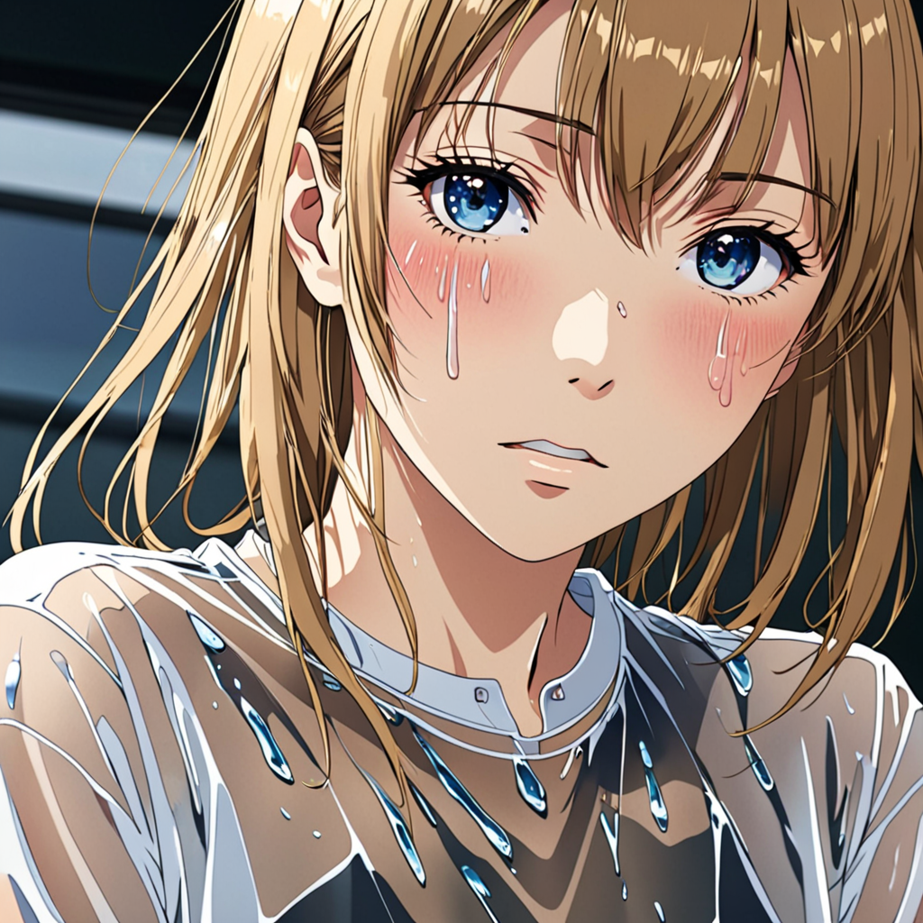anime, girl, seethrough shirt, liquid dripping from face