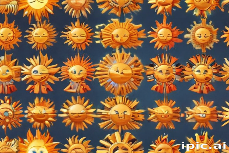 Colorful Collection of Cheerful Sun Faces in Various Unique Expressions
