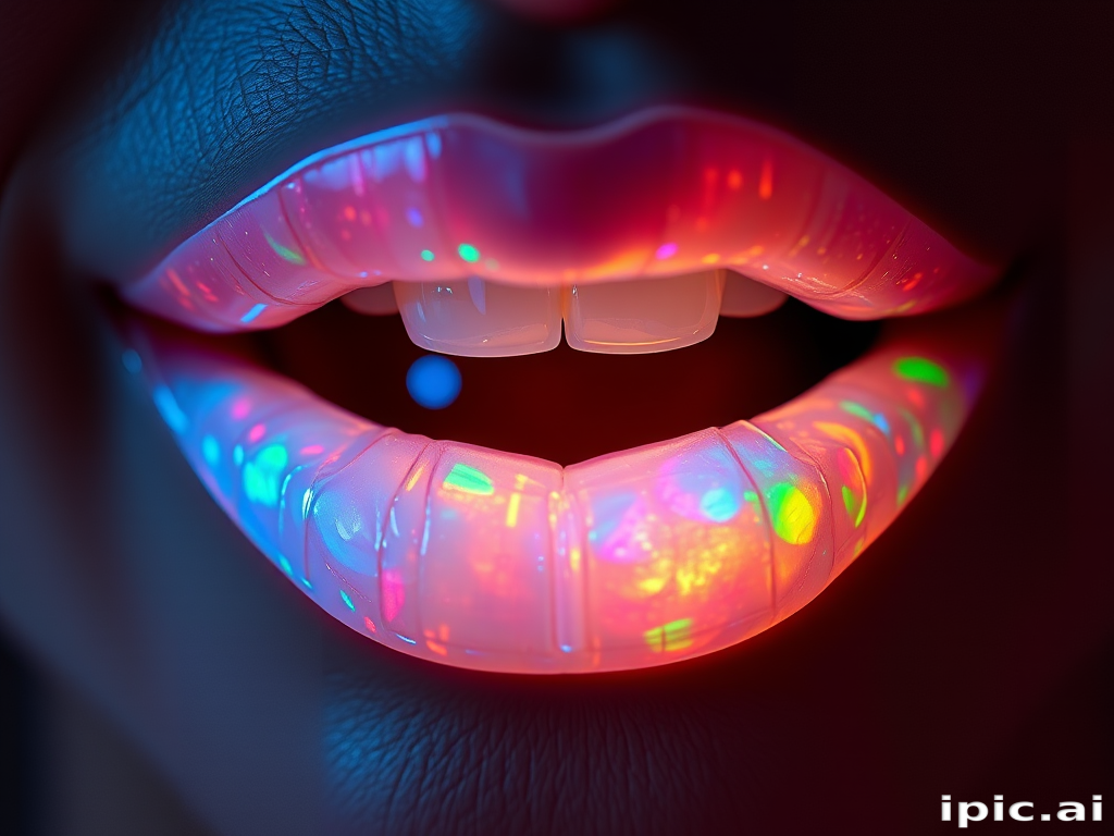 Vibrant Neon Lights Reflecting on Glossy Lips in a Dark Setting