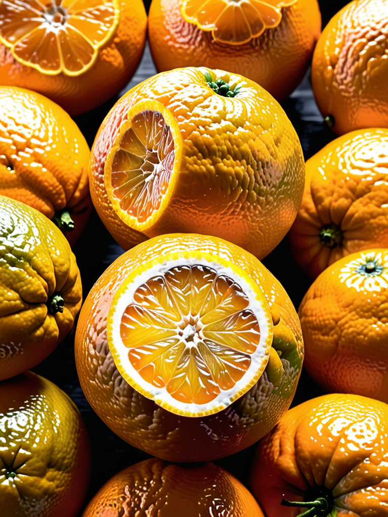 Vibrant Oranges Piled Together with One Orange Cut in Half