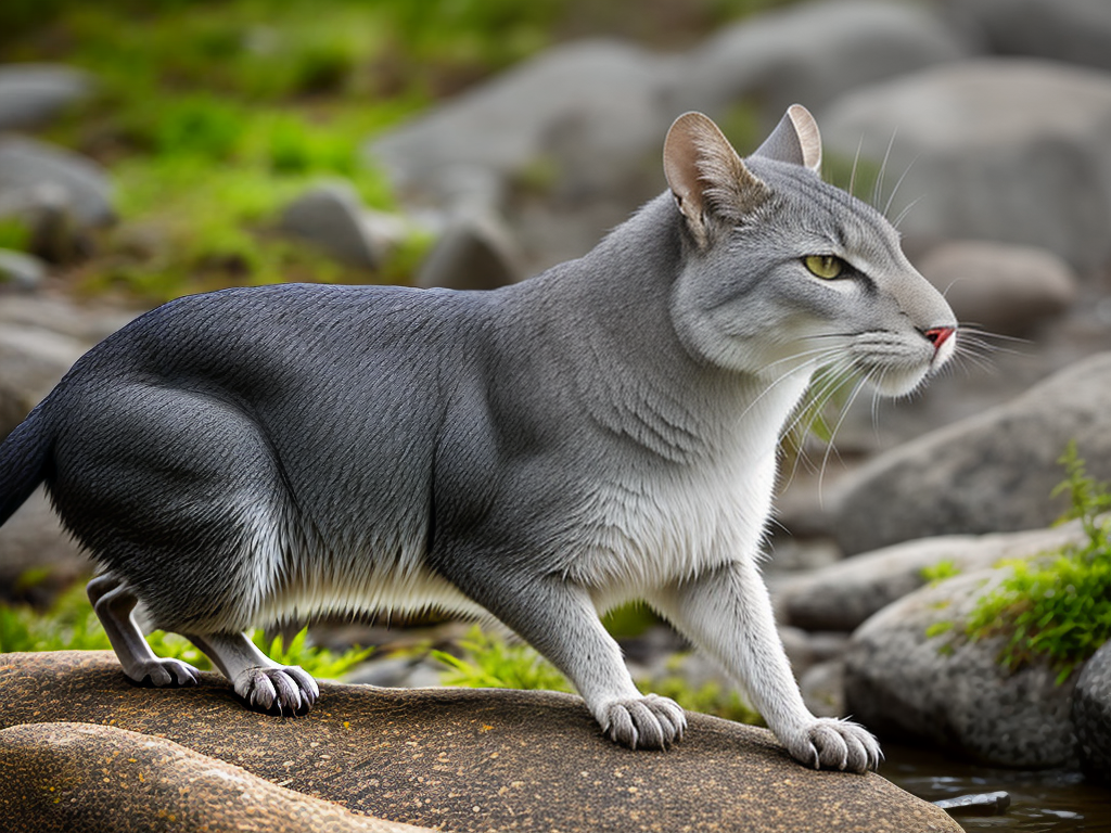 Big Male Rat with Grey fur. Staying on hindlegs on a rock.