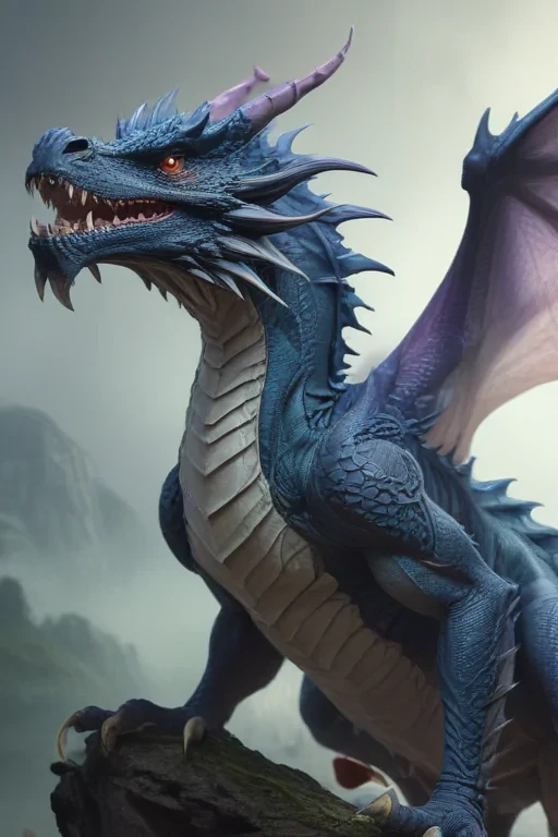 Majestic Blue Dragon Standing Proudly Against a Mystical Foggy Background